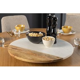 Riess Ambiente Handgefertigter Drehteller SERVANT 50cm wei&szlig; natur Marmor Mangoholz Dekoplatte rund Riess-Ambiente