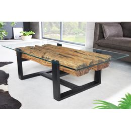 Riess Ambiente Design Couchtisch BARRACUDA 130cm recyceltes Teakholz Glasplatte schwarz Edelstahl Industrial Riess-Ambiente Sofatisch Wohnzimmertisch rechteckig...