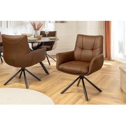 Riess Ambiente Drehbarer Stuhl SIGNATURE cognac braun Echtleder 360&deg; Taschenfederkern schwarz Metall Polsterstuhl Riess-Ambiente Esszimmerstuhl K&uuml;chenstuhl
