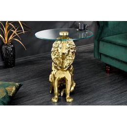 Riess Ambiente Runder Beistelltisch WILDLIFE LION 60cm gold antik Metall Glas L&ouml;wen Skulptur Riess-Ambiente Modern & Design