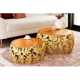 Riess Ambiente Rundes 2er Set Couchtische ABSTRACT LEAF 70cm natur gold Massivholz Akazie Metall Blatt-Design Riess-Ambiente Satztisch Sofatisch Wohnzimmertisch