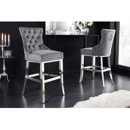 Riess Ambiente Design Barhocker CASTLE DELUXE grau Samt silber Edelstahl mit Lehne Chesterfield Polsterstuhl Riess-Ambiente Esszimmerstuhl K&uuml;chenstuhl
