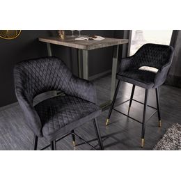 Riess Ambiente Design Barhocker PARIS grau Samt mit Lehne Metall schwarz gold Ziersteppung Polsterstuhl Riess-Ambiente f&uuml;r K&uuml;che Tresenhocker Bistrohocker...