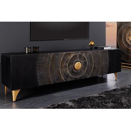 Riess Ambiente Handgearbeitetes TV-Lowboard GOLDEN SUNSET 180cm schwarz mit 3D Schnitzereien gold Mangoholz massiv Metallf&uuml;&szlig;e Riess-Ambiente Modern & Design