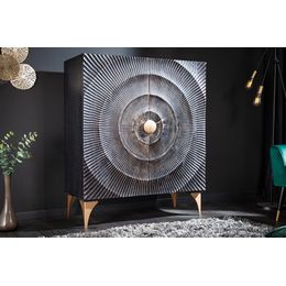 Riess Ambiente Handgearbeitetes Highboard GOLDEN SUNSET 120cm mit 3D Schnitzereien schwarz gold Mangoholz Riess-Ambiente Modern & Design