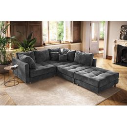 Riess Ambiente Moderne Wohnlandschaft KENT 220cm grau Samt Ecksofa Federkern inkl. Hocker und Kissen Riess-Ambiente L-Form Wohnzimmer