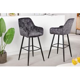 Riess Ambiente Design Barhocker MILANO grau Samt Barstuhl mit Lehne Metall schwarz Chesterfield-Steppung Polsterstuhl Riess-Ambiente f&uuml;r K&uuml;che Tresenhocker...
