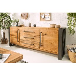 Riess Ambiente Massivholz Sideboard THOR 200cm mit Schubladen natur Wildeiche ge&ouml;lt Metall schwarz Riess-Ambiente