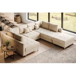 Riess Ambiente XXL Wohnlandschaft KENT 305cm champagner beige Vogue Velours Samt Federkern mit Hocker Riess-Ambiente U-Form Wohnzimmer Modern & Design