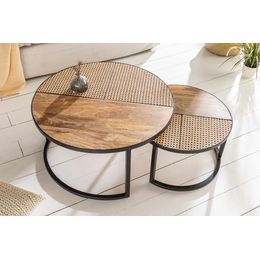 Riess Ambiente 2er Set Couchtisch VIENNA LOUNGE 70cm rund Mangoholz massiv Wiener Geflecht Metall schwarz Riess-Ambiente Satztisch Sofatisch Wohnzimmertisch...