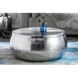 Riess Ambiente Runder Couchtisch ORIENT STORAGE 70cm silber Metall mit Stauraum Hammerschlag Design handmade Riess-Ambiente Sofatisch Wohnzimmertisch S&auml;ulentisch...