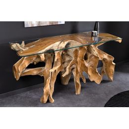 Riess Ambiente Massiver Konsolentisch ROOT 150cm natur Teak Massivholz aus Wurzelholz Glasplatte Riess-Ambiente