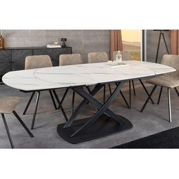 Riess Ambiente Ausziehbarer Esstisch INCEPTION 130-190cm wei&szlig; Marmor Keramik schwarzes Metallgestell Riess-Ambiente Esszimmertisch S&auml;ulentisch oval Modern & Design