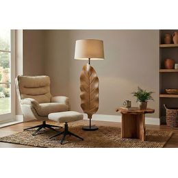 Riess Ambiente Massive Stehlampe LEAF 130cm wei&szlig; natur Teakholz Blatt-Design mit Stoffschirm Riess-Ambiente