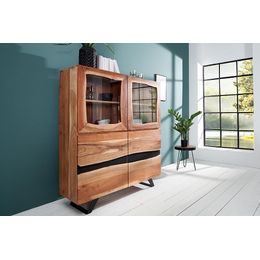 Riess Ambiente Massives Highboard AMAZONAS 140cm Akazie Metall Vitrine Baumkante Riess-Ambiente Urban