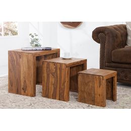 Riess Ambiente 3er Set Massivholz Beistelltische MAKASSAR 45cm braun Sheesham stone finish Maserung Riess-Ambiente Satztisch rechteckig Klassisch