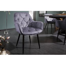 Riess Ambiente Design Stuhl MILANO grau Samt mit Armlehne Ziersteppung gepolstert schwarze Metallbeine Riess-Ambiente Esszimmerstuhl K&uuml;chenstuhl Modern & Design