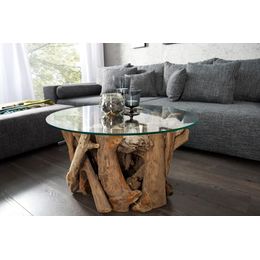 Riess Ambiente Design Couchtisch NATURE LOUNGE 60cm Teakholz mit runder Glasplatte Beistelltisch Riess-Ambiente Sofatisch Wohnzimmertisch S&auml;ulentisch