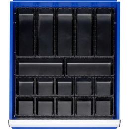 Rau Einteilungsset f&uuml;r Schublade Gr&ouml;&szlig;e L, Bodenplatte Stahlblech, 17 Boxen, B 490 x T 560 x H 48 mm, silber