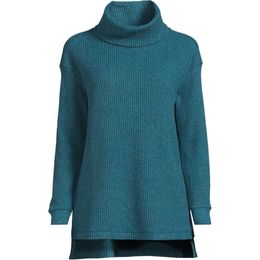 LANDS' END Langer Waffelstrick-Pullover mit Wasserfallkragen, Damen, size: regular, Blau, Baumwoll-Mischung/Polyester-Mischung, by Lands' End