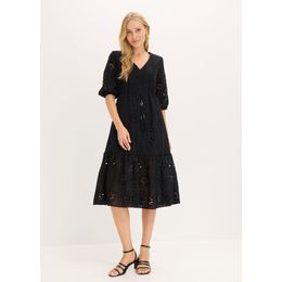 bonprix Midikleid aus reiner Baumwolle mit Lochstickerei, schwarz, Gr.46, mit V-Ausschnitt und Lochstickerei, aus 100% Baumwolle