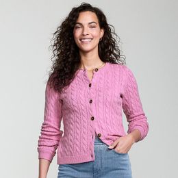LANDS' END Drifter Zopfmuster-Cardigan mit Rundausschnitt, Damen, size: regular, Pink, Baumwolle, by Lands' End