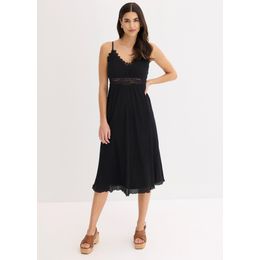 bonprix Midikleid mit Spitzeneinsatz, schwarz, Gr.44, Stylisches Kleid mit tiefem Ausschnitt, 100% Baumwolle