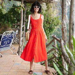 LANDS' END Soft Ease Midikleid mit Biesen aus Leinenmix f&uuml;r Damen, Damen, size: regular, Rot, Baumwolle/Leinen, by Lands' End