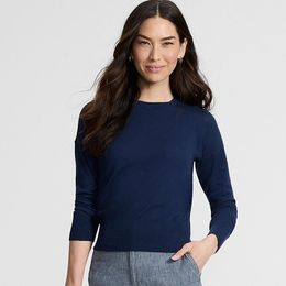 LANDS' END Feinstrick-Baumwollpullover mit unterlegtem Ausschnitt, Damen, size: regular, Blau, Baumwolle, by Lands' End