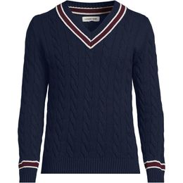 LANDS' END Drifter Zopfmusterpullover mit V-Ausschnitt, Herren, size: regular, Blau, Baumwolle, by Lands' End