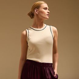 LANDS' END Geripptes, &auml;rmelloses Top mit Kontrast-Besatz f&uuml;r Damen, Damen, size: regular, Elfenbein, Baumwolle/Baumwoll-Mischung, by Lands' End