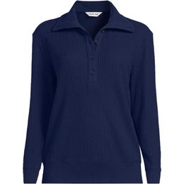 LANDS' END Waffelstrick-Pullover mit gekn&ouml;pftem Kragen in Petite-Gr&ouml;&szlig;e, Damen, size: petite, Blau, Baumwoll-Mischung/Polyester-Mischung, by Lands' End