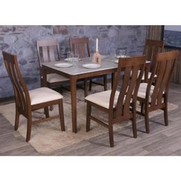 6er-Set Esszimmerstuhl MCW-M58, K&uuml;chenstuhl Lehnstuhl Stuhl, Stoff/Textil Massiv-Holz ~ dunkles Gestell, creme