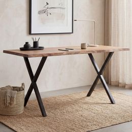 Schreibtisch FineBuy 120 cm Akazie Massivholz B&uuml;rotisch Computertisch Baumkante