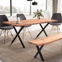 FineBuy Esstisch 120x60 cm Akazie Massivholz 4cm Baumkante X-Gestell Esszimmertisch