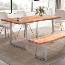 Esszimmertisch FineBuy Esstisch 120 cm Massivholz K&uuml;chentisch Baumkante Chrom