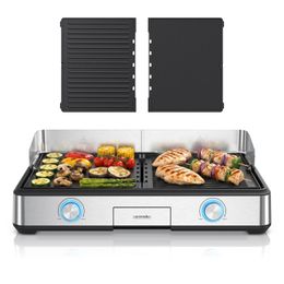 arendo Tischgrill, Gourmet Edelstahl Elektrogrill, 2 Grillzonen, elektrisch, Spritzschutz, schwarz