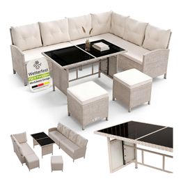 Juskys Gartenlounge Manacor creme - Sofa, Tisch, Hocker & Kissen - 8 Personen - Sitzbez&uuml;ge in Sand