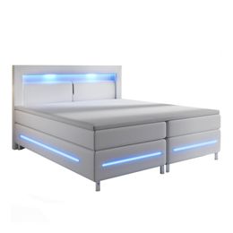 Juskys Boxspringbett Norfolk 200 x 200 cm &ndash; LED Beleuchtung, Bonell-Matratzen & Topper - Wei&szlig;
