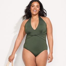 LANDS' END Figurformender Neckholder-Badeanzug, hoher Beinausschnitt f&uuml;r Damen in Plus-Gr&ouml;&szlig;e, Damen, size: plus, Gr&uuml;n, Elasthan/Nylon-Mischung, by Lands' End