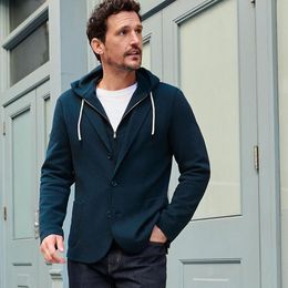 LANDS' END Strick-Blazer mit abnehmbarer Kapuze f&uuml;r Herren, Herren, size: regular, Blau, Elasthan/Baumwoll-Mischung/Polyester-Mischung, by Lands' End