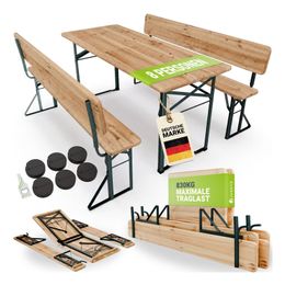 Juskys&reg; Bierzeltgarnitur Kempten - Natur/Gr&uuml;n, klappbar mit ergonomischer R&uuml;ckenlehne, wetterfeste Gartengarnitur, faltbar, inkl. 2 B&auml;nke mit Tisch 170x70x75 cm