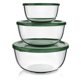 arendo Salatsch&uuml;ssel, 3er Set mit Deckel, Glassch&uuml;ssel 1,1L / 2,7L / 4,4L, Glas R&uuml;hrsch&uuml;ssel, transparent/dunkelgr&uuml;n