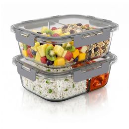 arendo Frischhaltedose, 2 F&auml;cher, Deckel, 2er Set Glas Vorratsdosen, Lunchboxen, auslaufsicher, transparent