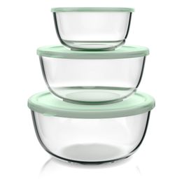 arendo Salatsch&uuml;ssel, 3er Set mit Deckel, Glassch&uuml;ssel 1,1L / 2,7L / 4,4L, Glas R&uuml;hrsch&uuml;ssel, transparent/mintgr&uuml;n