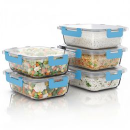 arendo Frischhaltedose, mit Deckel 5er Set, Vorratsdosen, Glas-Lunchboxen, auslaufsicher, transparent/blau