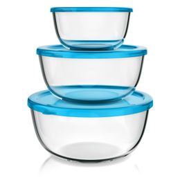 arendo Salatsch&uuml;ssel, 3er Set mit Deckel, Glassch&uuml;ssel 1,1L / 2,7L / 4,4L, Glas R&uuml;hrsch&uuml;ssel, transparent/blau