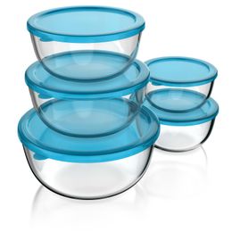 arendo Salatsch&uuml;ssel, 5x Glassch&uuml;sseln + Deckel 1L, 1,5L, 2L, 2,7L & 4,4L, Glas R&uuml;hrsch&uuml;ssel, transparent/blau