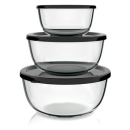 arendo Salatsch&uuml;ssel, 3er Set mit Deckel, Glassch&uuml;ssel 1,1L / 2,7L / 4,4L, Glas R&uuml;hrsch&uuml;ssel, transparent/schwarz