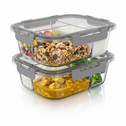 arendo Frischhaltedose, 2er Set Glas Vorratsdosen, 3 F&auml;cher, Lunchboxen, auslaufsicher, Deckel, transparent